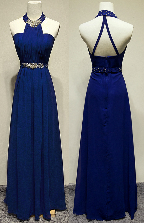 High Neck Royal Blue Chiffon Prom Dresses , Party Dresses, Evening ...