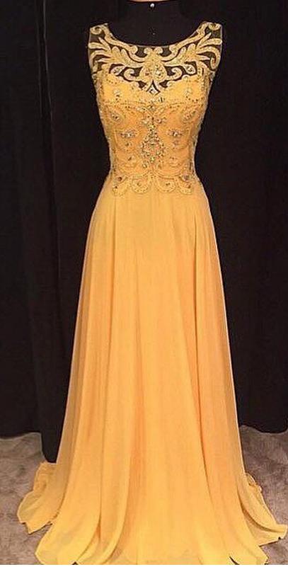 Long Yellow Prom Dress, Yellow Chiffon Long Prom Dress, Yellow Evening ...