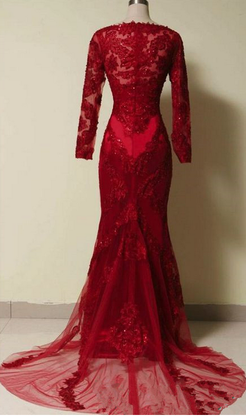 Red Prom Dresses, Wine Red Lace Applique With Tulle Prom Gowns, Red ...