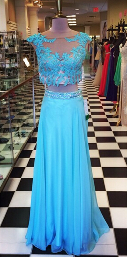 Prom Dress, A Line Turquoise Prom Dresses Two Pieces Lace Beaded ...