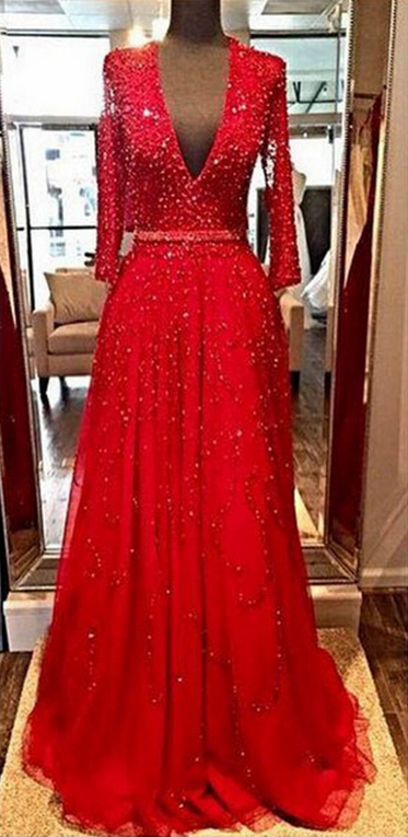 Design Elegant Prom Dress,red Long Sleeves Prom Dresses,evening Dresses ...