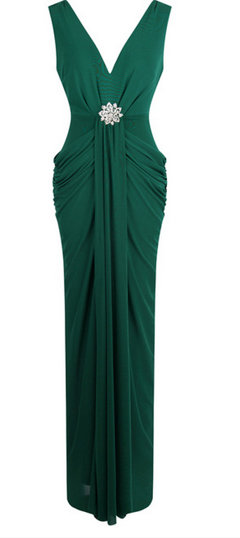 Femmes De Longues Robes De Soirée V Cou Ruché Pli Criytal Formelle Robe ...