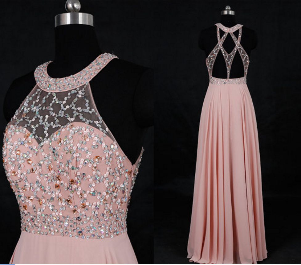 Round Neck Floor Length Chiffon Prom Dress With Beads on Luulla