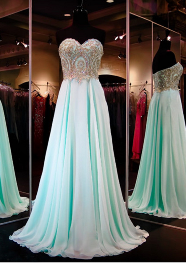 Mint Floor Length Long Mint Evening Dress With Gold Appliques on Luulla