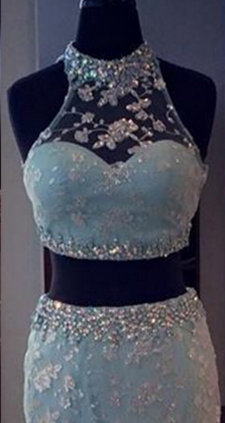 Blue Prom Dresses, Beautiful Prom Dress, Two Piece Prom Dress, Lace ...