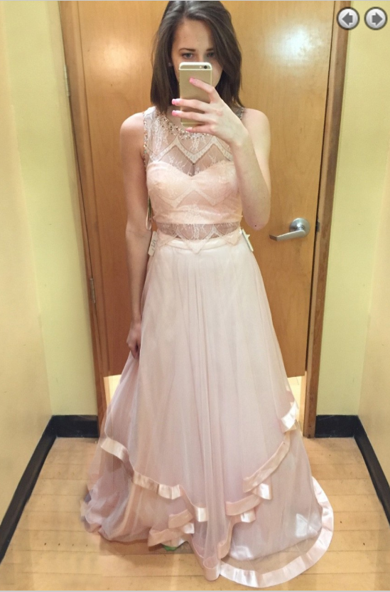A Line Scoop Sweep Train Light Pink Tulle Prom Dress With Lace Beading