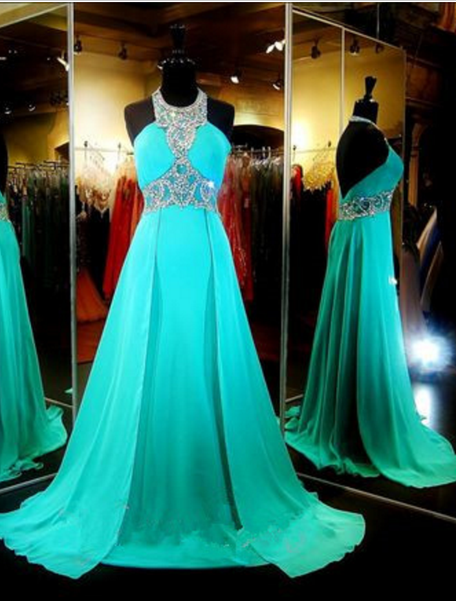 Turquoise Chiffon Prom Dresses Long A-line Evening Dresses Backless ...