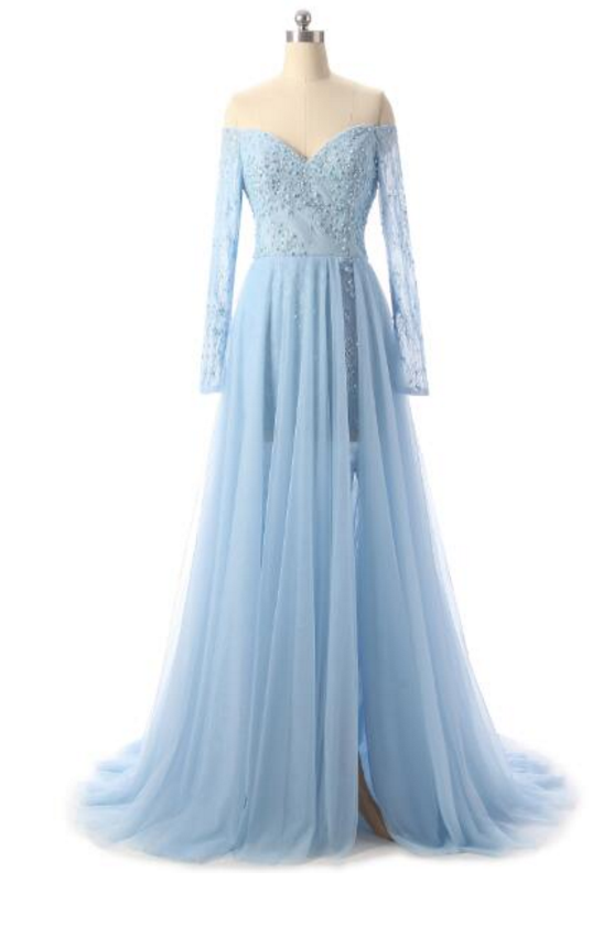 Cold Shoulder Prom Dress With Sleeve Side Split Chiffon Lace Beads ...
