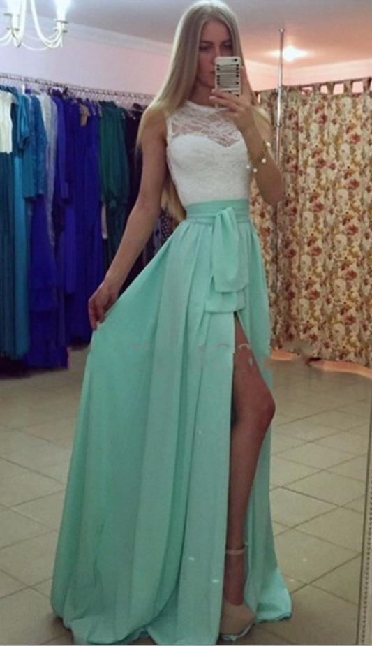 Beige Lace Top Chiffon Mint Prom Dress, Homecoming Dresses, Sexy Prom ...