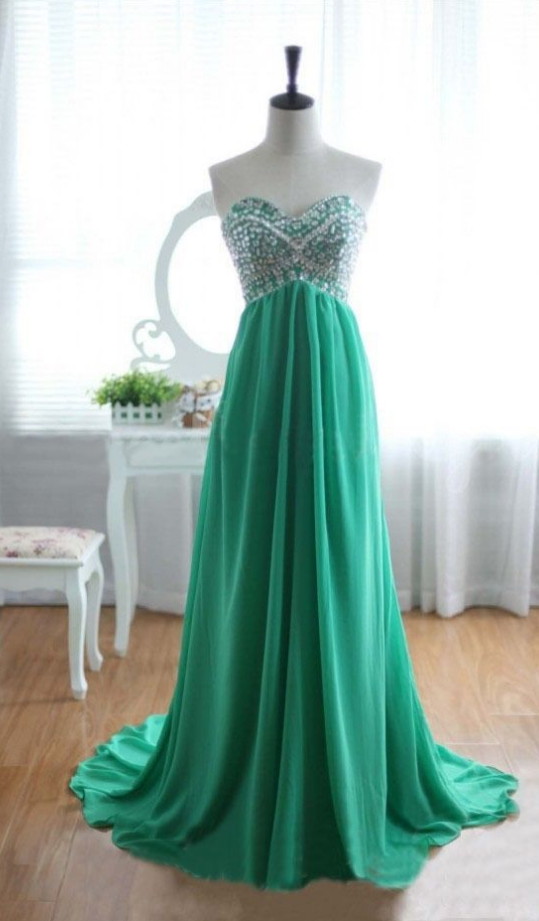 High Quality Chiffon Sweetheart Green Long Prom Dresses With Beadings ...
