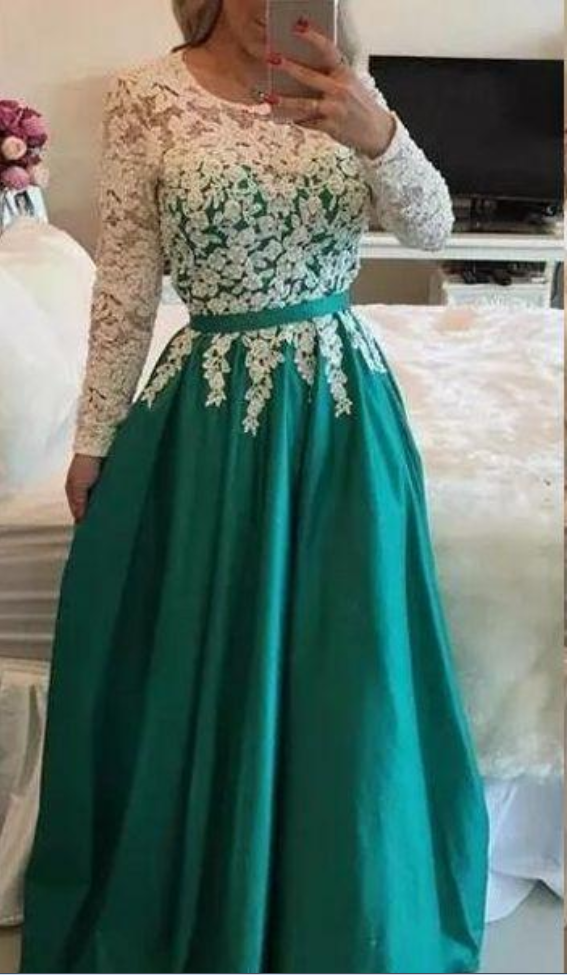 Elegant Formal Evening Dresses Jewel Neck Lace Top Satin Skirt Long ...
