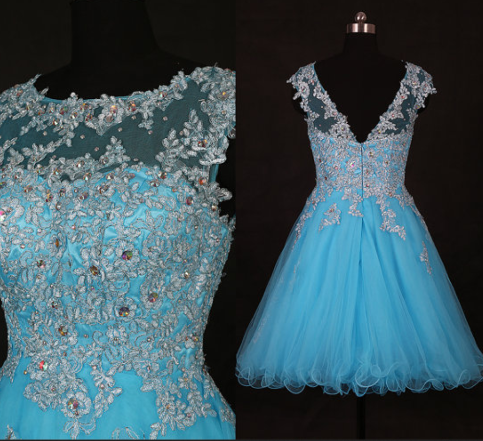 Amazing Lace Applique Blue Short Prom Dress, Blue Graduation Dress ...