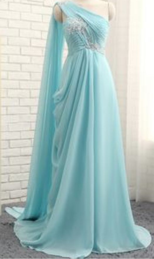 Turquoise Evening Dresses A-line One-shoulder Chiffon Beaded Crystals ...
