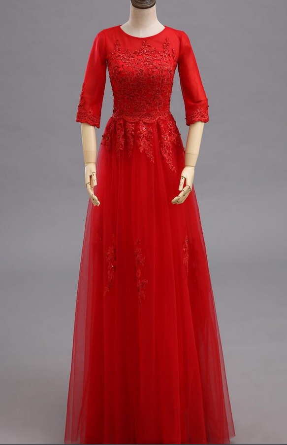 Real Pictures Scoop 3/4 Sleeve Appliques Beaded Tulle Red Appliques ...