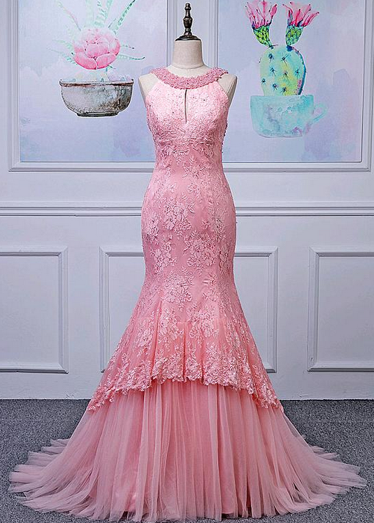 Alluring Tulle Jewel Neckline Mermaid Evening Dresses With Lace