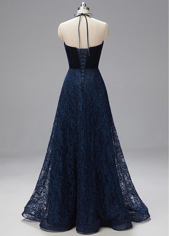 In Stock Beautiful Fleece & Lace Halter Neckline A-line Prom Dresses on ...