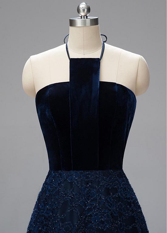 In Stock Beautiful Fleece & Lace Halter Neckline A-line Prom Dresses on ...