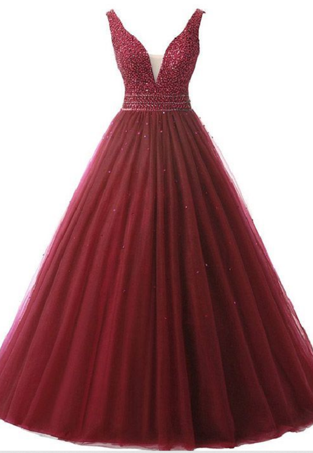 Burgundy Backless Ball Gown Prom Dresses, V-neck Formal Dresses Long ...