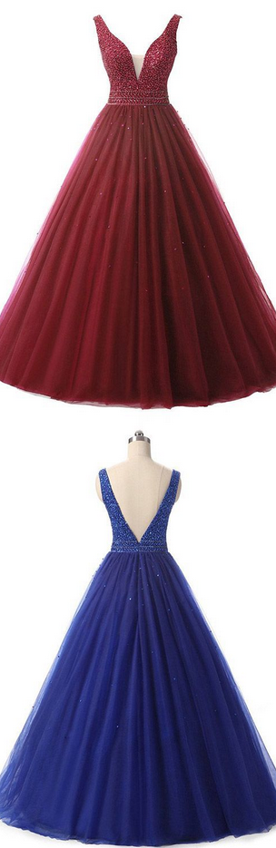 Burgundy Backless Ball Gown Prom Dresses, V-neck Formal Dresses Long ...