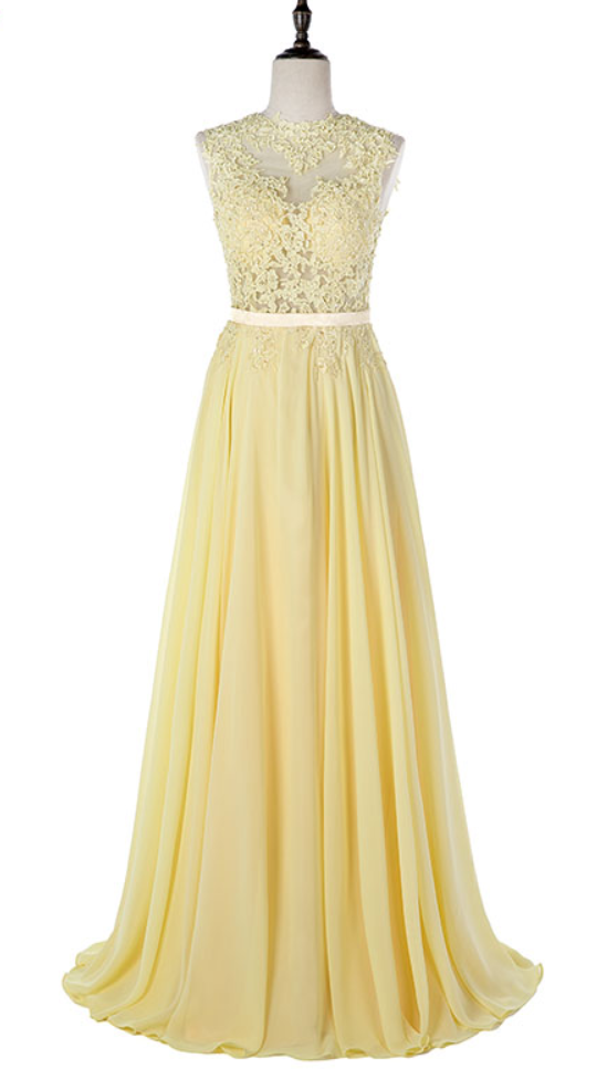 Stylish Dress Yellow Long Prom Dresses Lace Chiffon Evening Gown ...