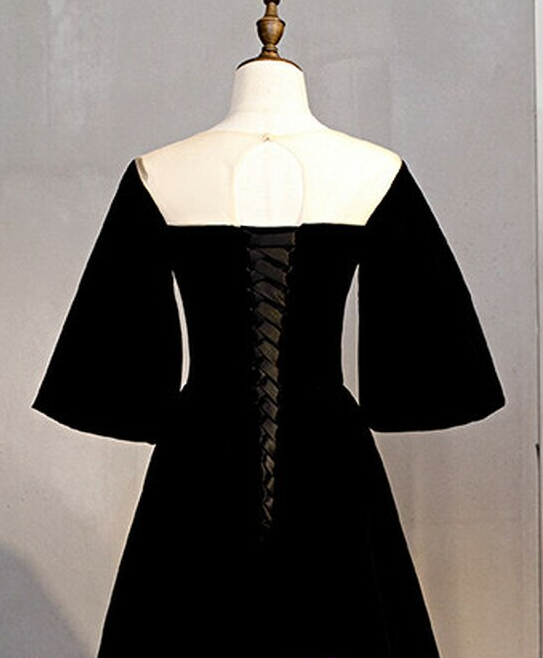 Black Velvet Horn Sleeve Illusion Prom Dress, on Luulla