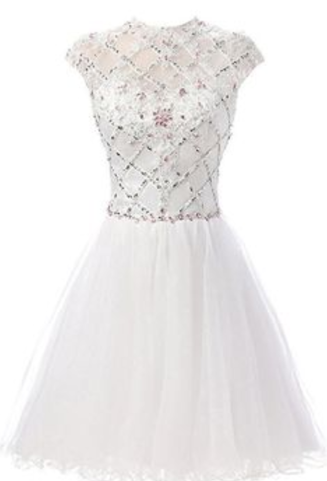 Sparkly Short Homecoming Dresses , A-line High Neck Cap Sleeve Beaded ...