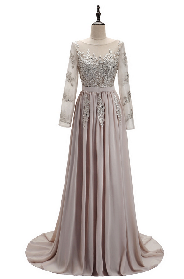 Elegant Long Sleeves Chiffon Formal Prom Dress, Beautiful Long Prom ...