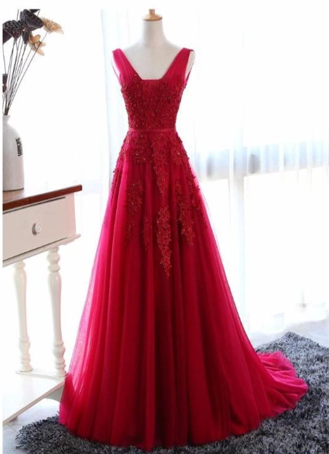 Prom Dresses,wine Red V-neckline Tulle Long Party Dress, Dark Red Low ...