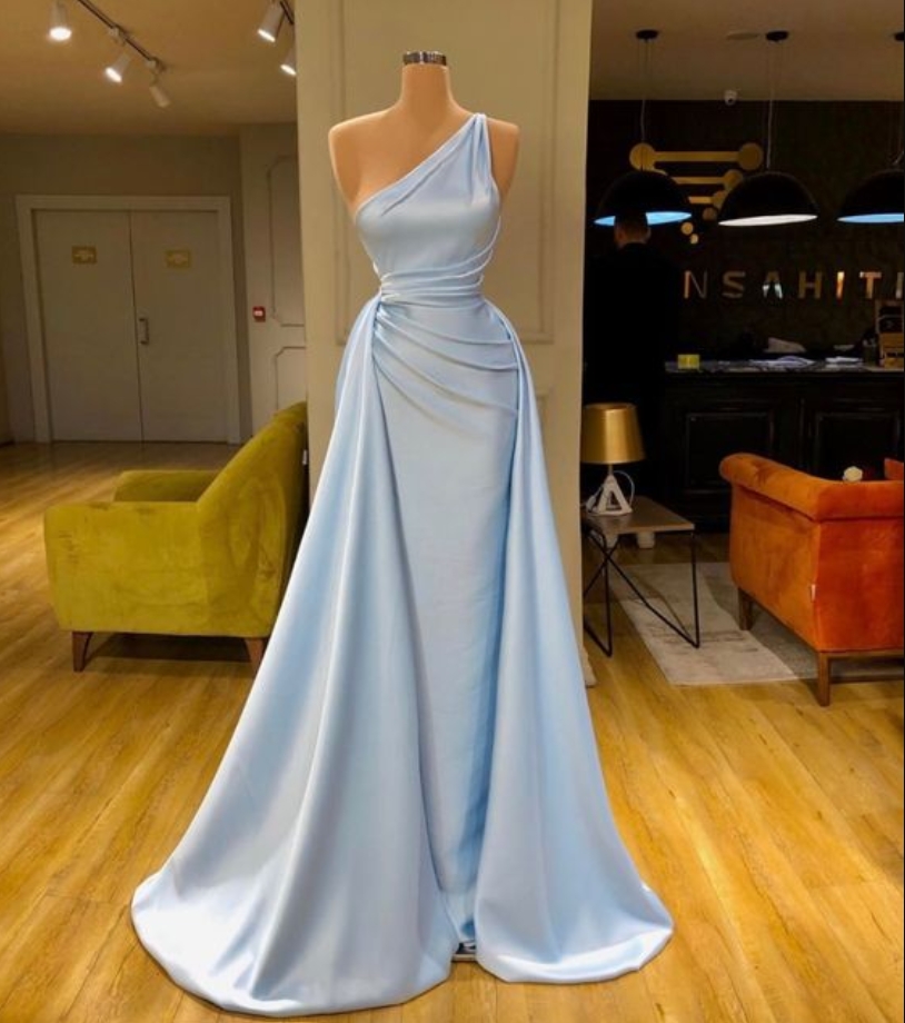 Prom Dresses,dignified Atmosphere One Shoulder Blue Satin Evening ...