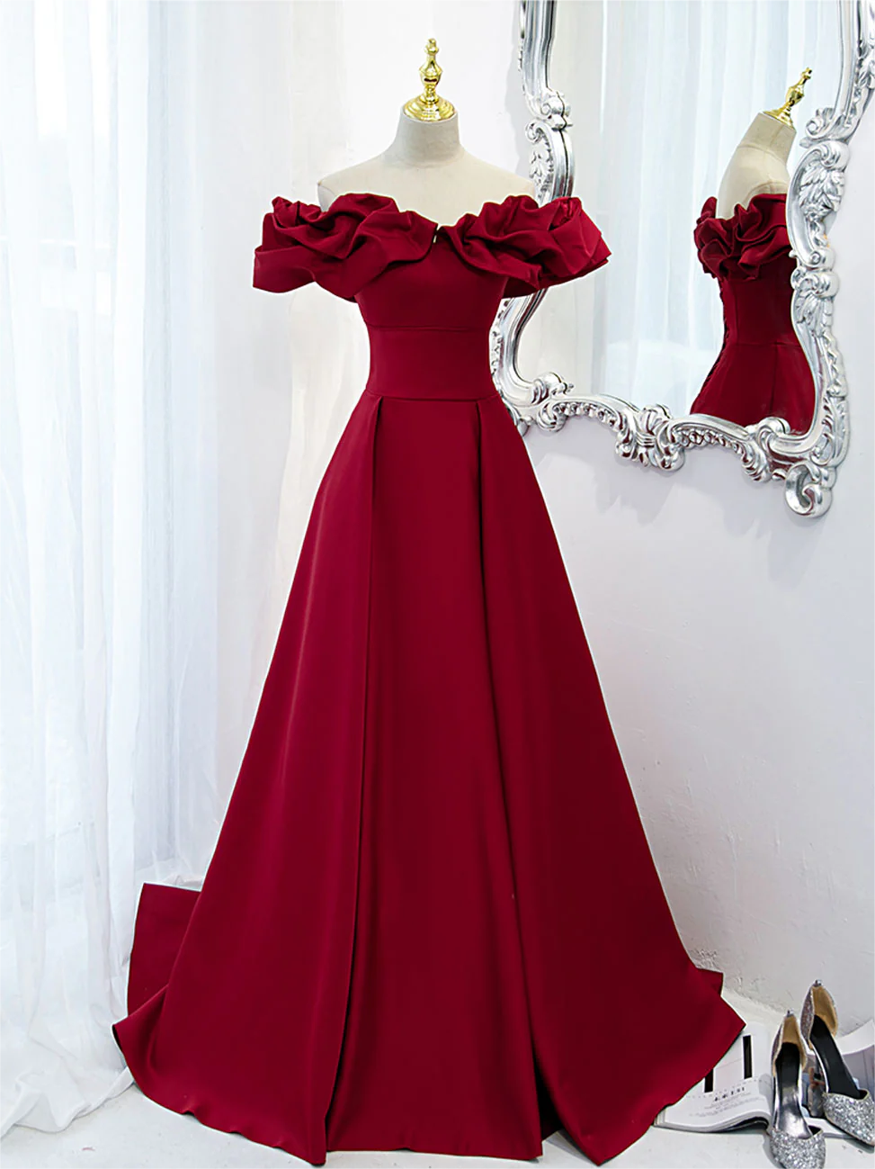 Prom Dresses,burgundy Off Shoulder Satin Long Prom Dress, Burgundy ...