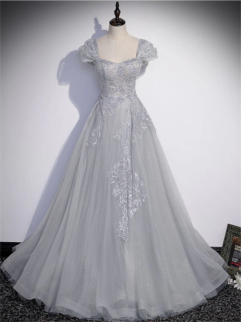 Prom Dresses,gray Sweetheart Neck Tulle Lace Long Prom Dress, Gray ...