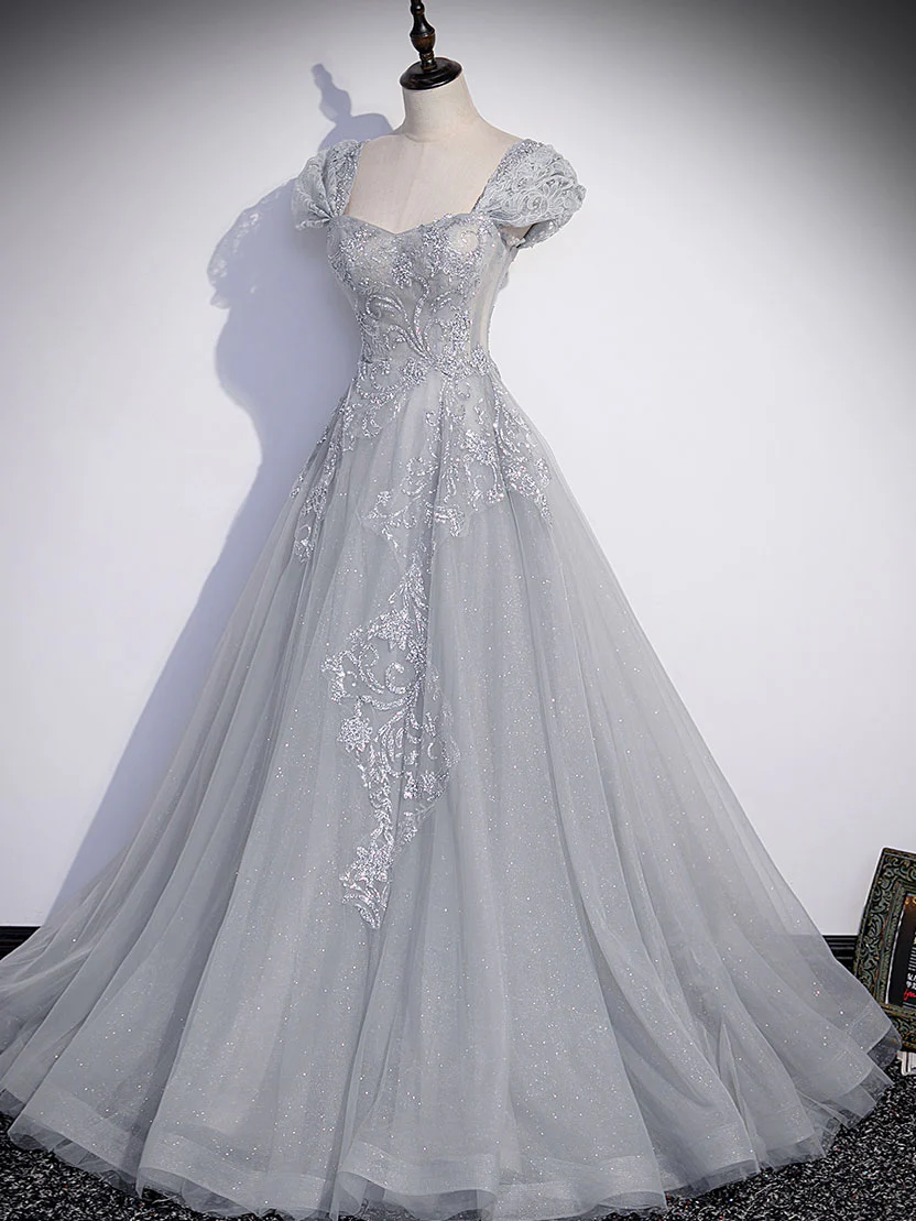 Prom Dresses,gray Sweetheart Neck Tulle Lace Long Prom Dress, Gray ...