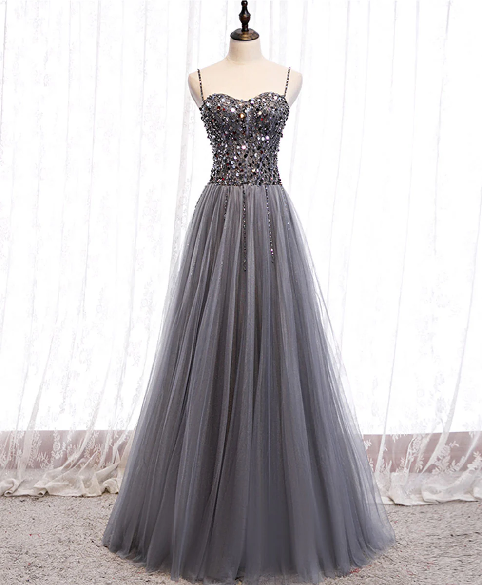 Prom Dresses,gray Tulle Sequin Long Prom Dress, Gray Tulle Formal Dress ...
