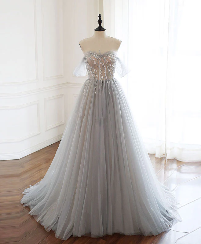 Prom Dresses,gray Sweetheart Tulle Beads Long Prom Dress Gray Tulle ...