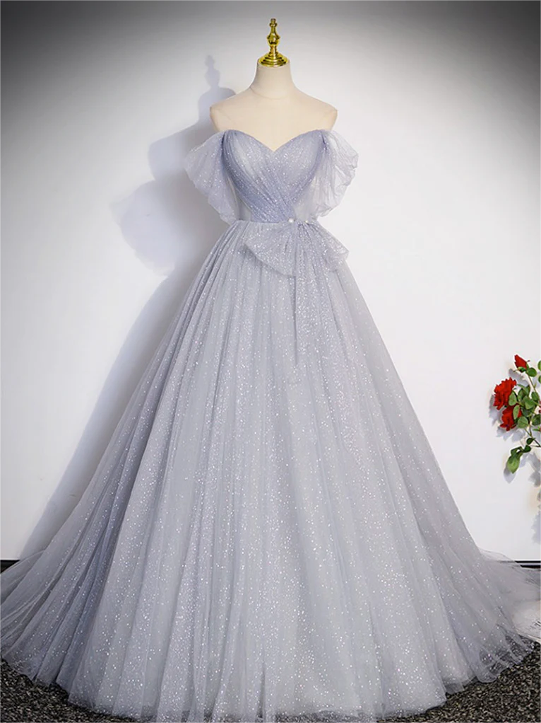 Prom Dresses,a-line Off Shoulder Tulle Long Gray Prom Dress, Gray ...