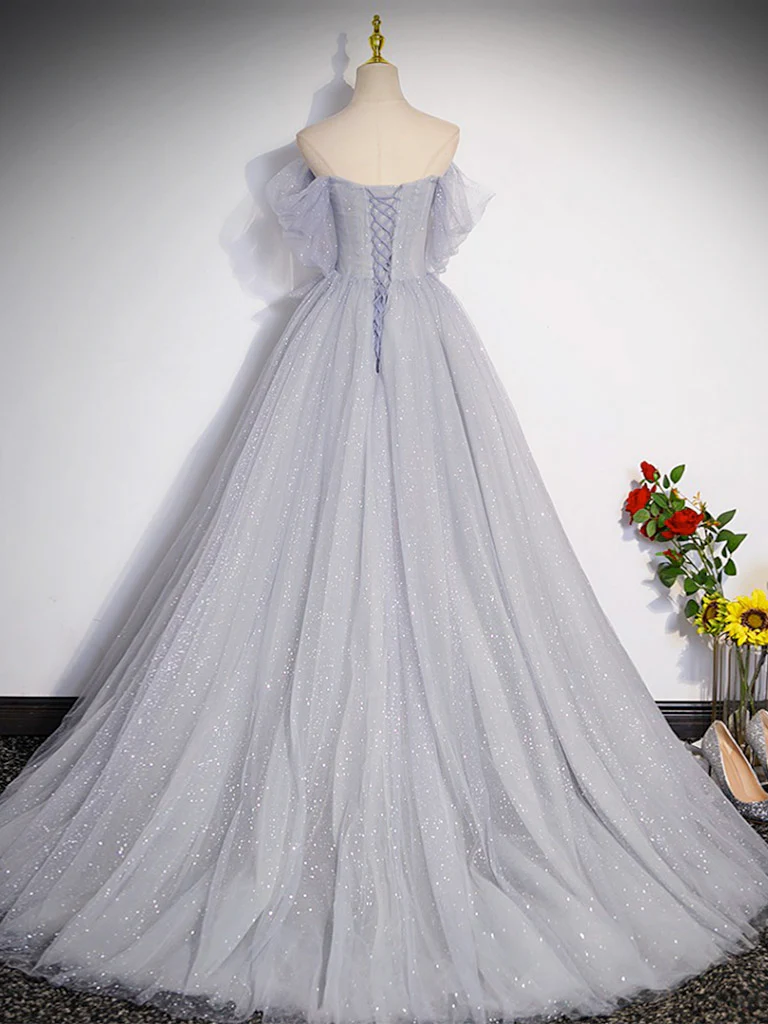 Prom Dresses,a-line Off Shoulder Tulle Long Gray Prom Dress, Gray ...