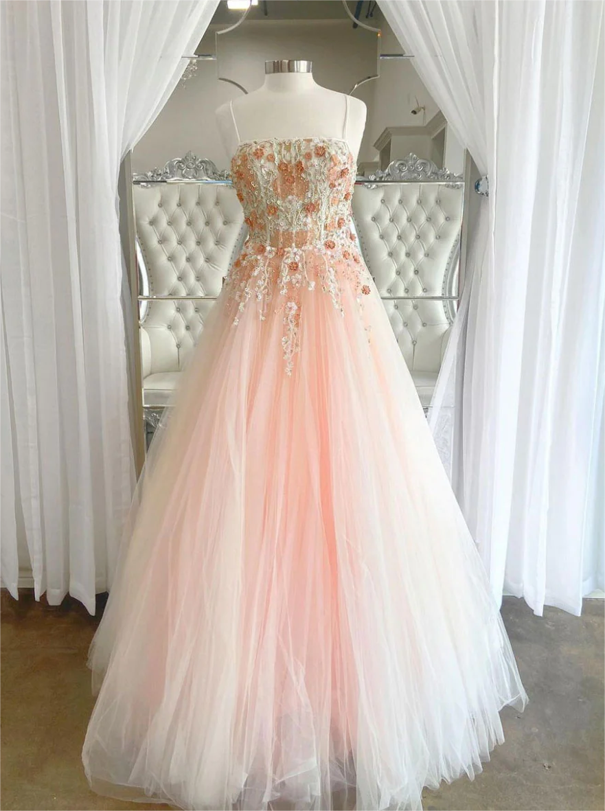 Prom Dresses,pink Tulle Lace Long Prom Dress, Pink Lace Long Evening ...