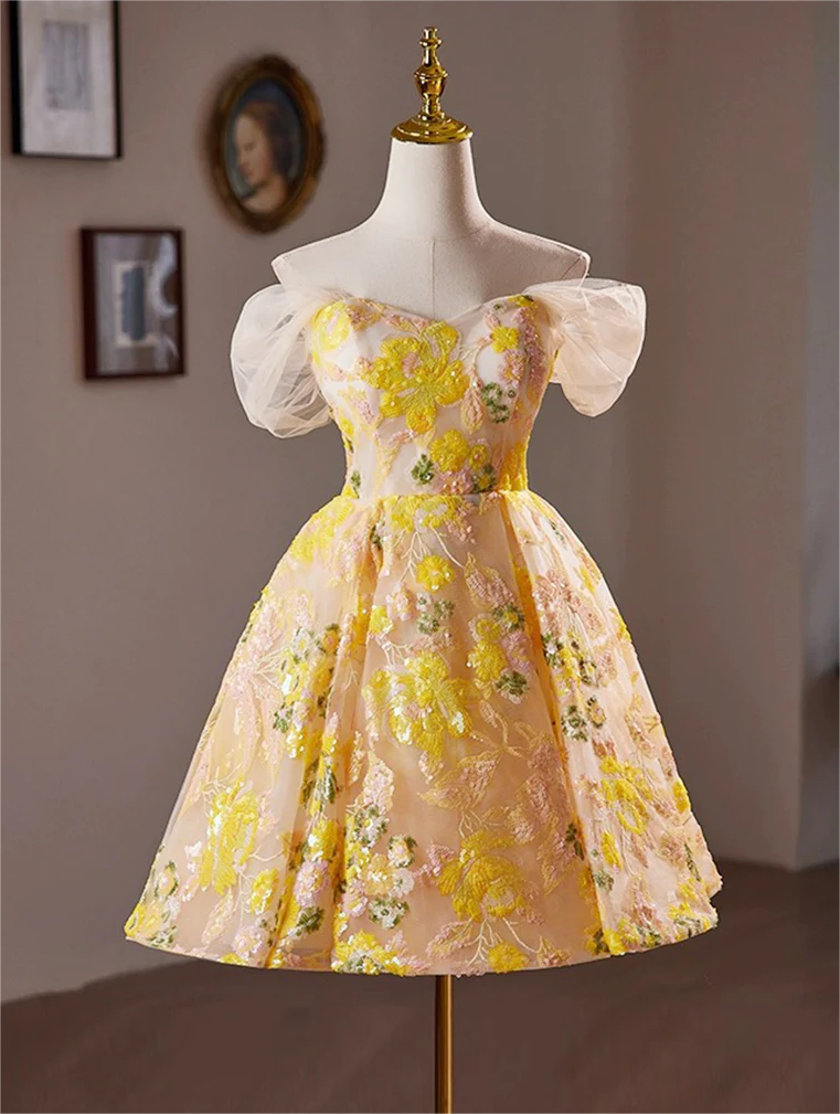 Prom Dresses,a-line Off Shoulder Tulle Lace Short Yellow Prom Dress ...